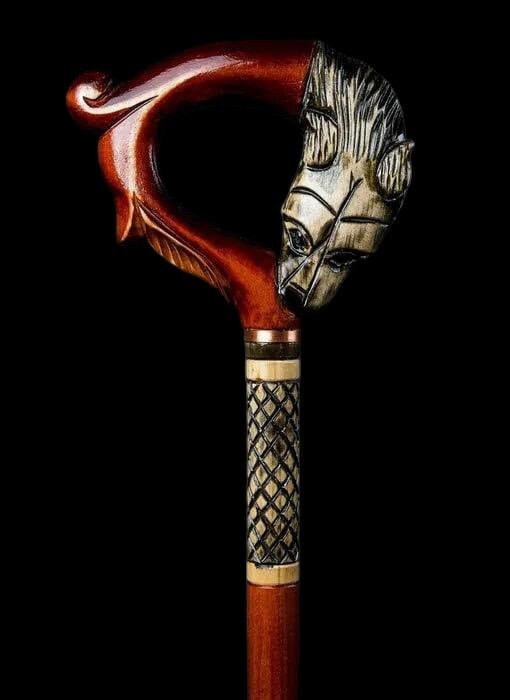 Wolf Cane Wooden Walking Stick Ergonomic Palm Grip Handle Wood Carved ...