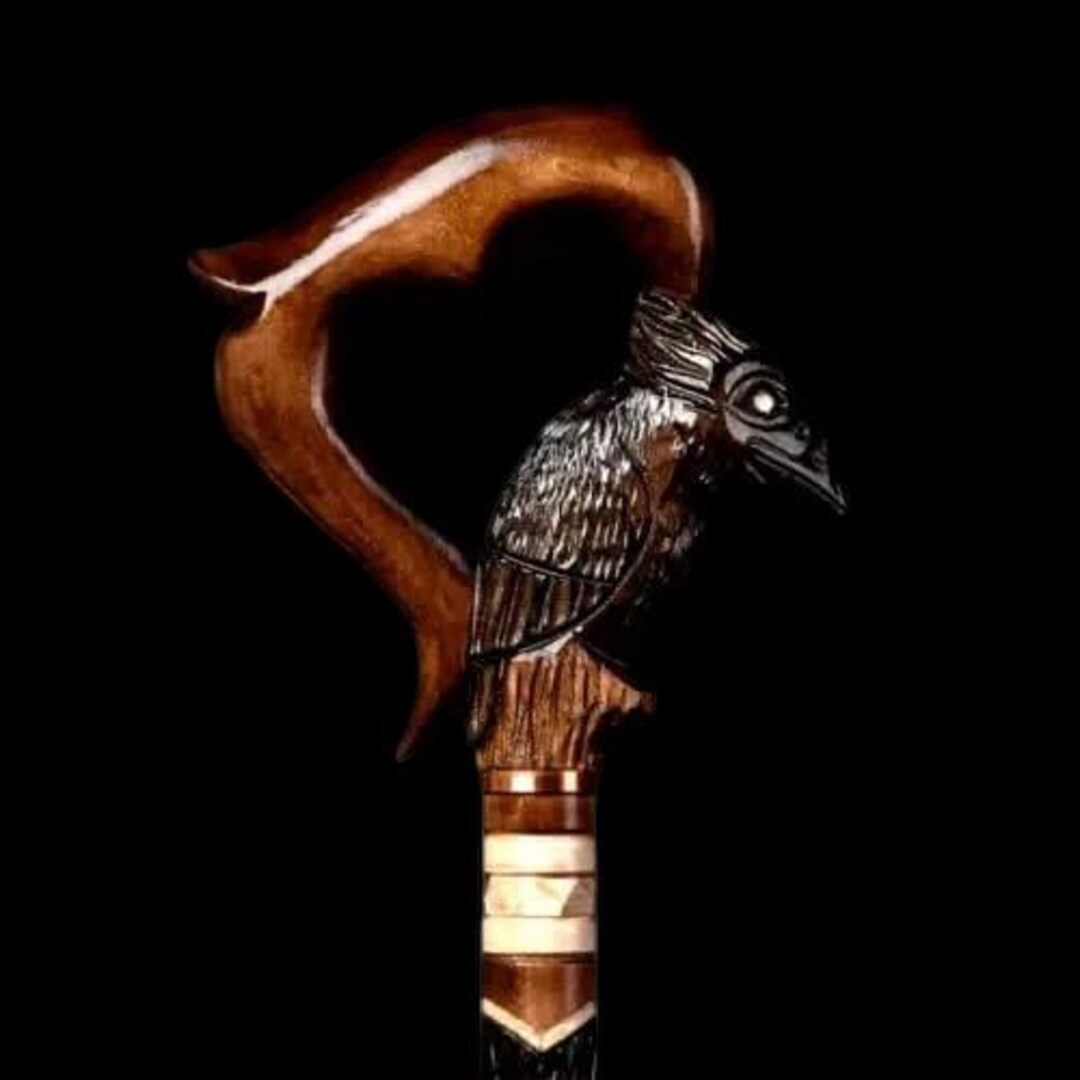 Walking Stick Raven Handle Wooden Carved Walking Cane Odin Crow Wood ...