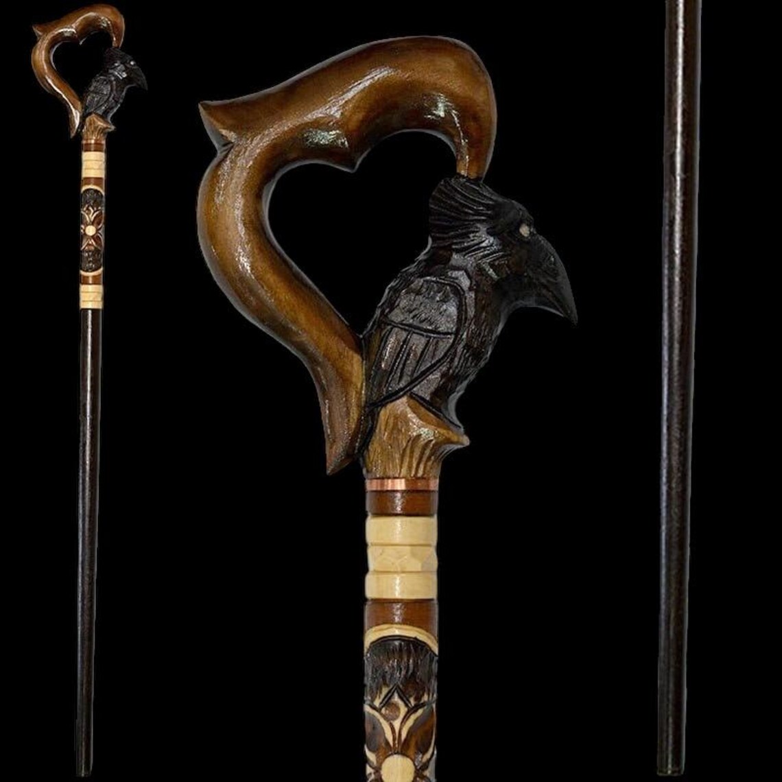 Walking Stick Raven Handle Wooden Carved Walking Cane Odin Crow Wood ...