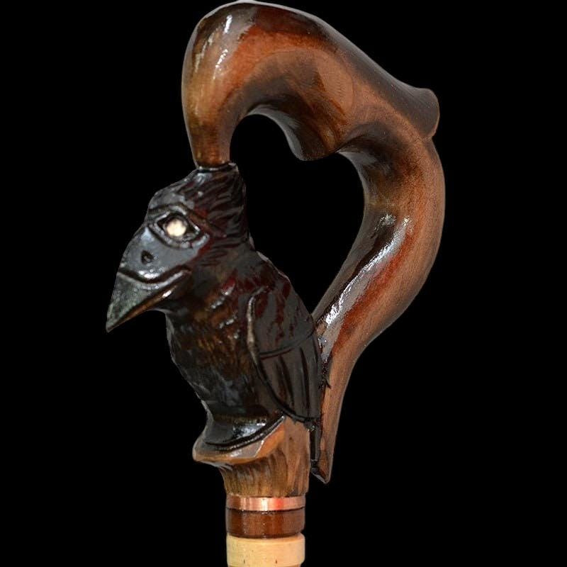 Walking Stick Raven Handle Wooden Carved Walking Cane Odin Crow Wood ...