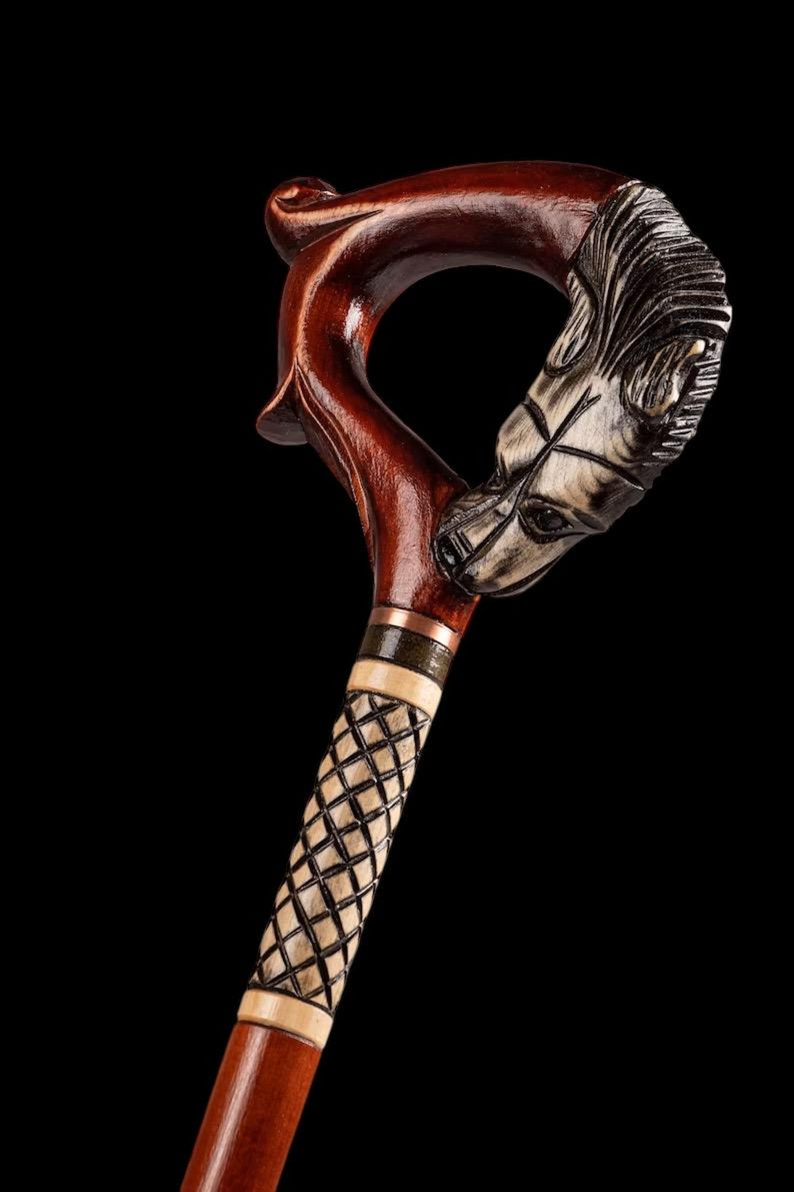 Wolf Cane Wooden Walking Stick Ergonomic Palm Grip Handle Wood Carved ...