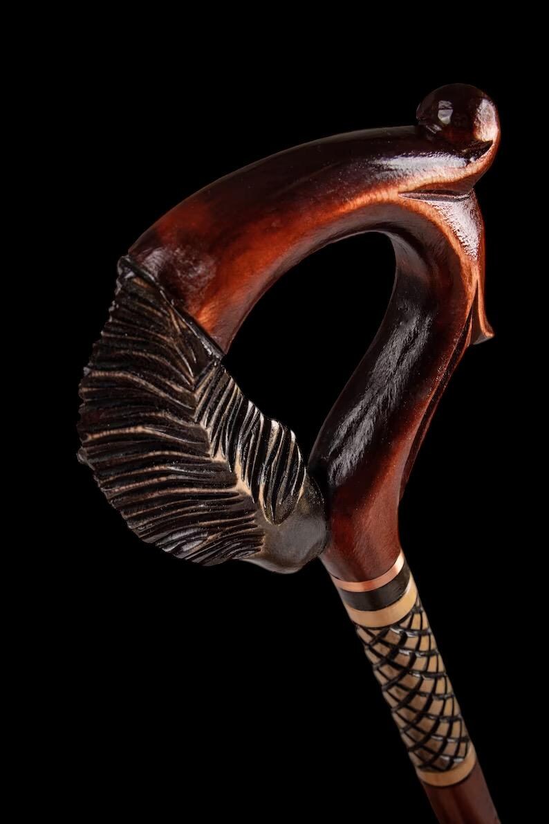 Wolf Cane Wooden Walking Stick Ergonomic Palm Grip Handle Wood Carved ...