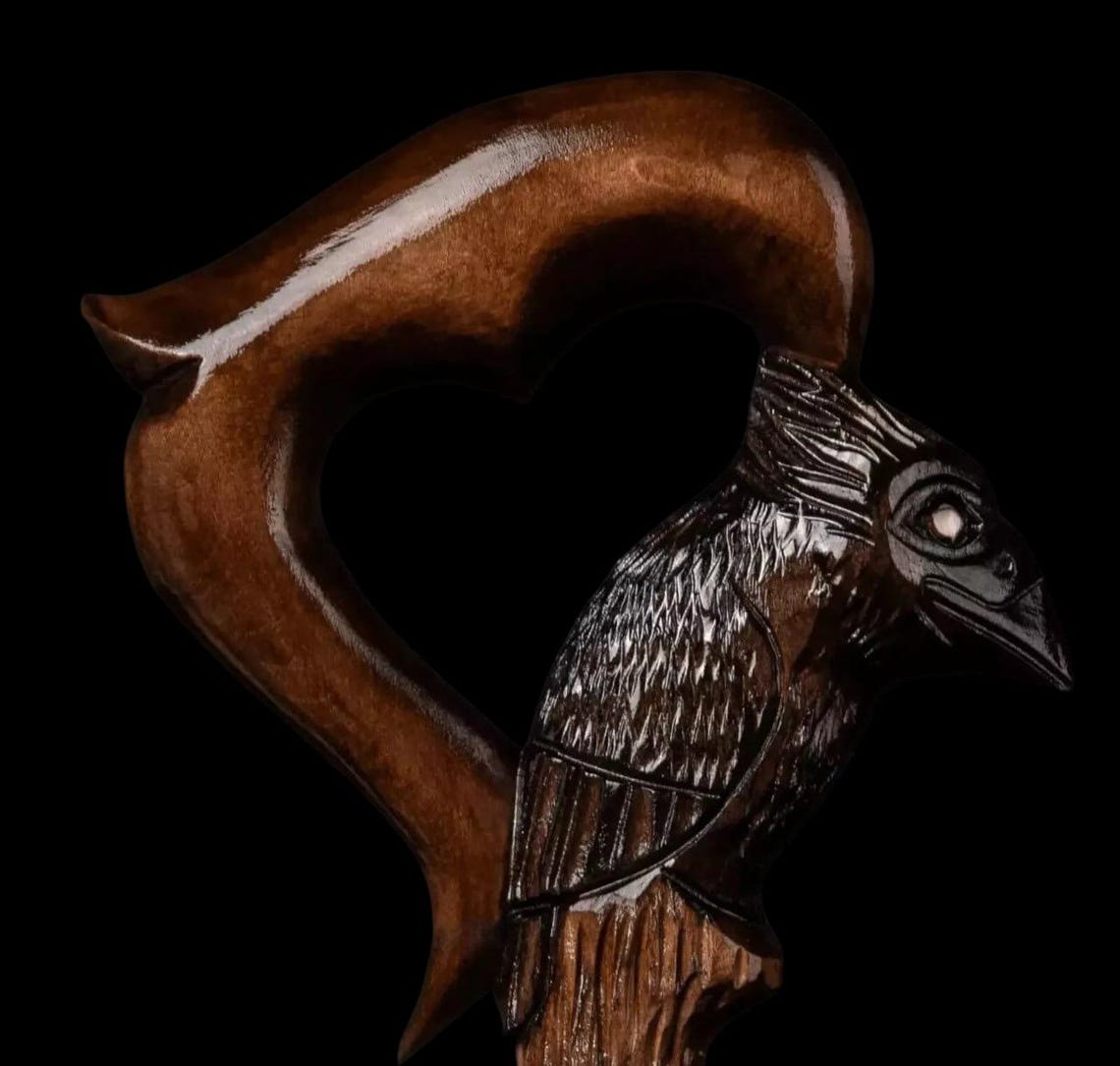 Walking Stick Raven Handle Wooden Carved Walking Cane Odin Crow Wood ...