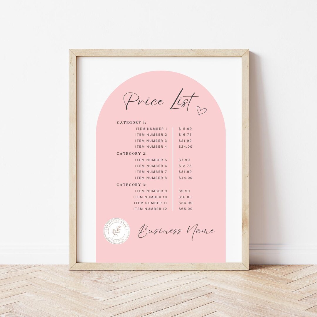 Custom Price List Template, DIY Small Business Sign, Editable Canva Printable, Pink Modern Arch ...