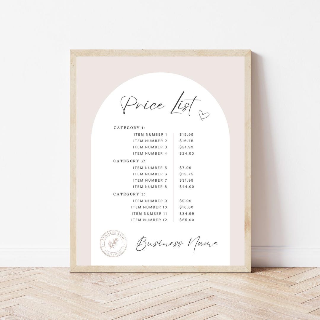 Custom Price List Template, DIY Small Business Sign, Editable Canva Printable, Modern Arch ...
