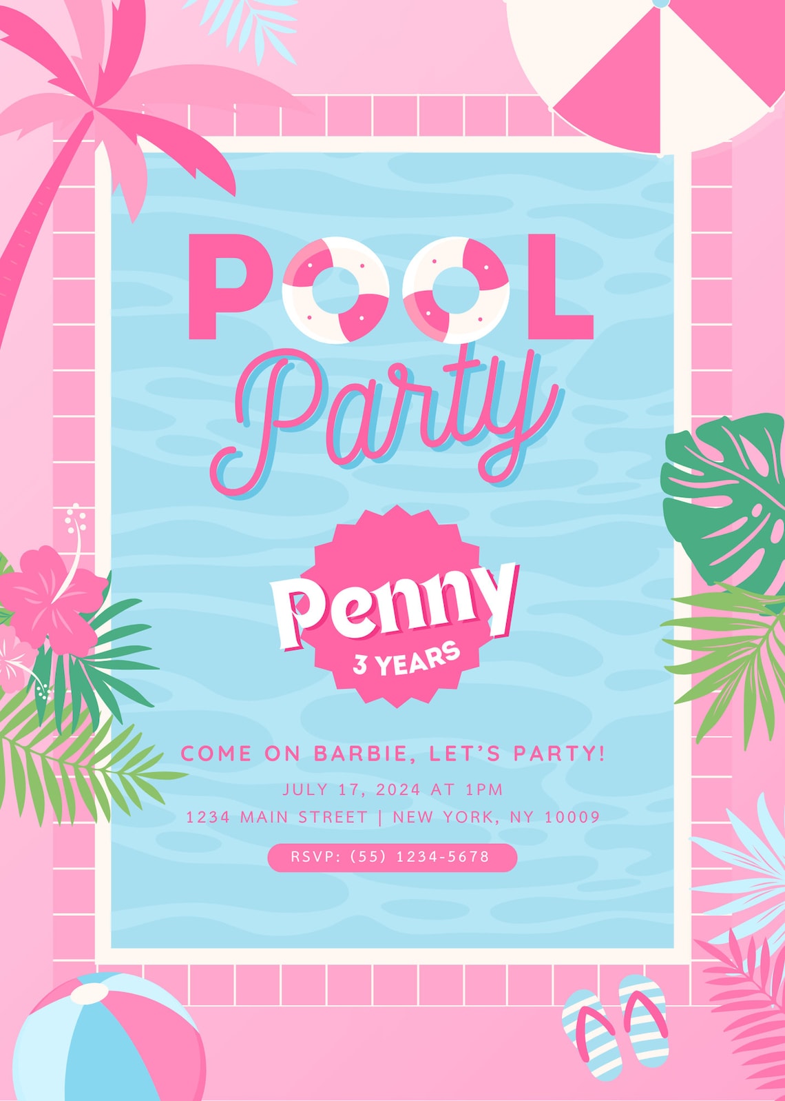 Barbie Inspired Pool Party Invitation - Etsy