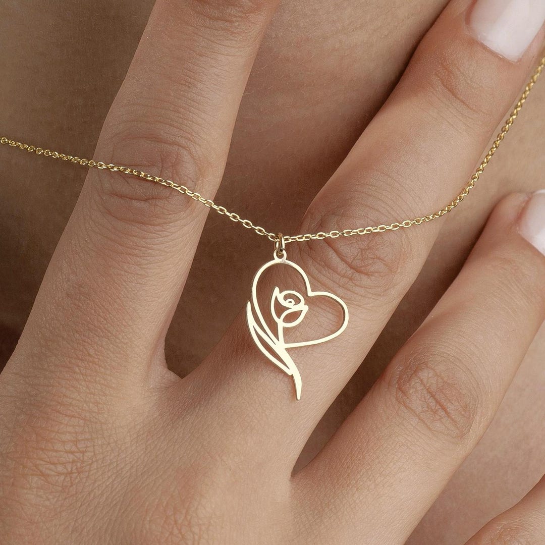 Sterling Silver Birthflower Heart Pendant: Personalized Floral Necklace ...