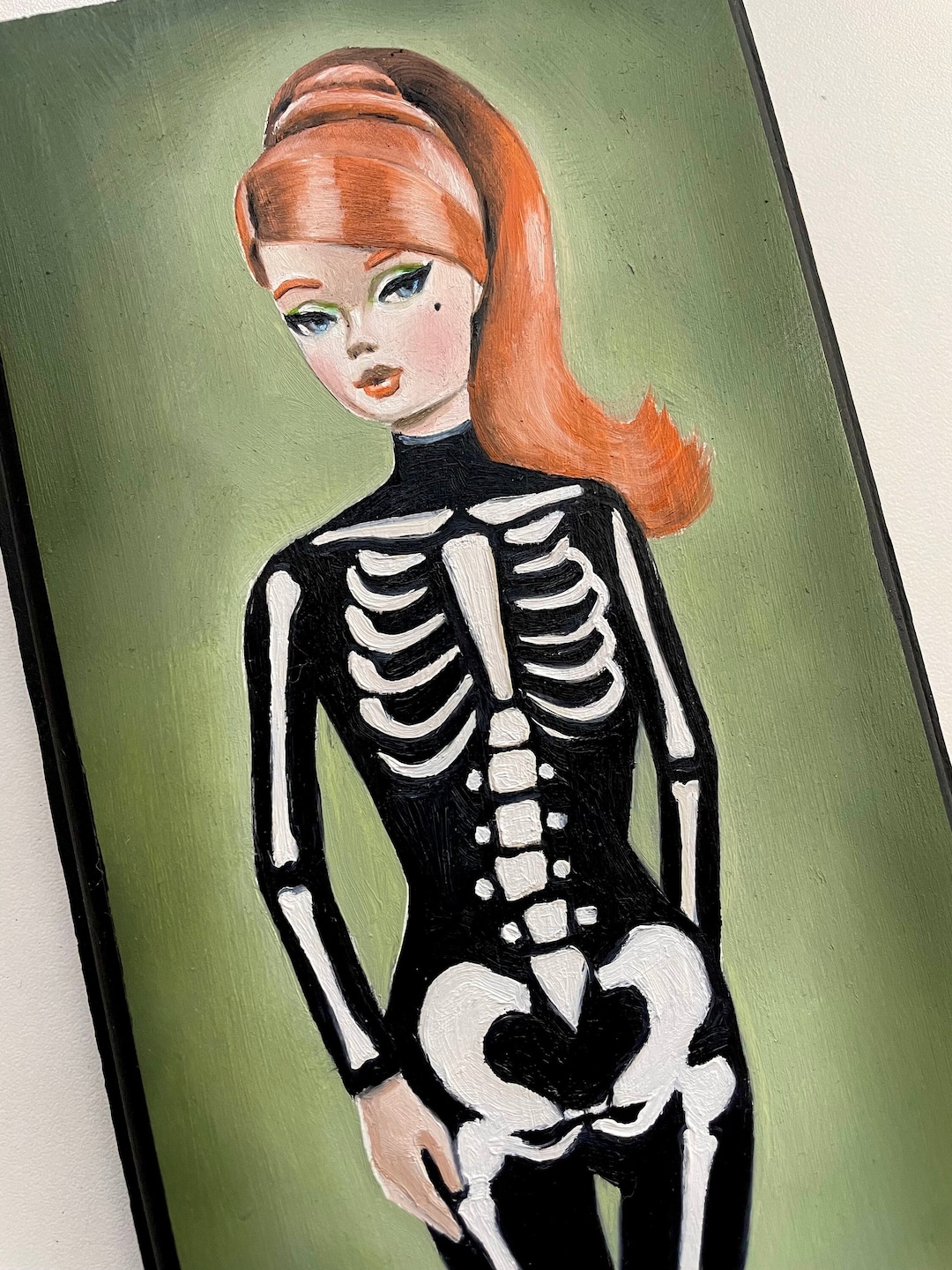 2 RESERVE RHIANNON Vintage Barbie Oil Painting Wood Panel / trick or ...