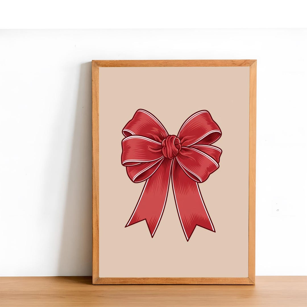 Vintage Red Christmas Bow Wall Art, Red Bow Print, Red Vintage Hair Bow ...