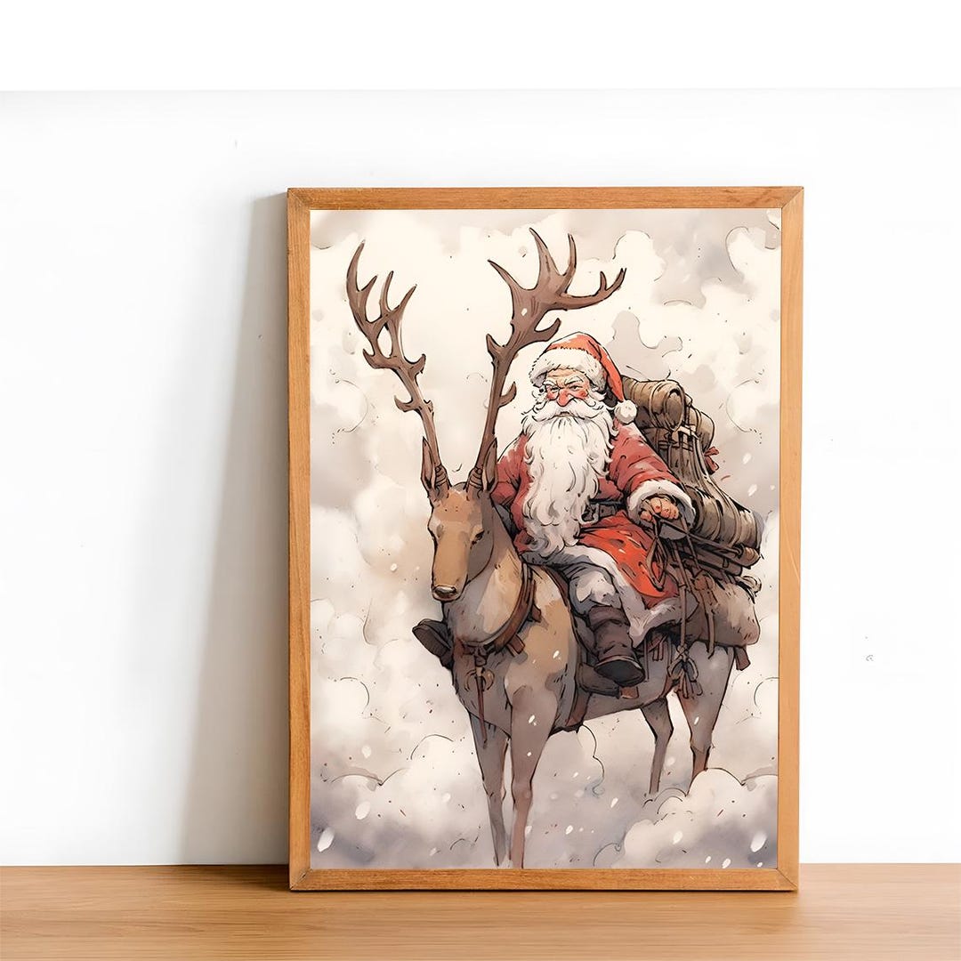 Vintage Santa Sleigh and Reindeer Print Retro Christmas Art Santa Claus ...