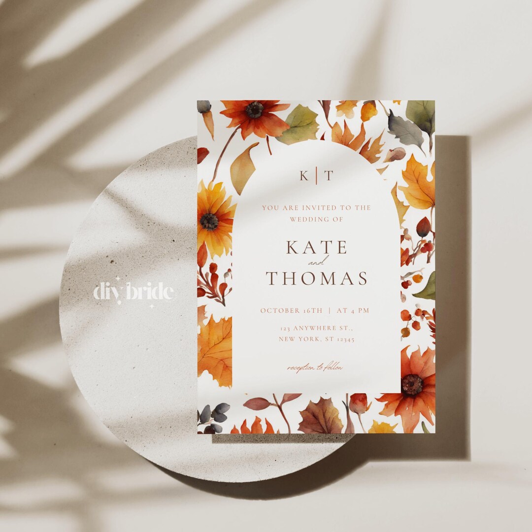 Autumn Fall Wedding Invitation INSTANT DOWNLOAD Floral, Leaves, Leaf ...