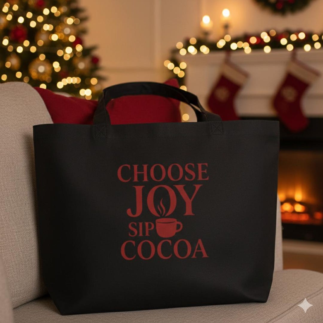 Choose Joy Sip Cocoa Tote Bag • Large Organic Holiday Tote • Christmas ...