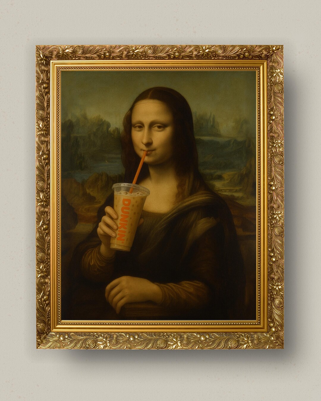 Mona Lisa With Dunkin’ Iced Coffee – Funny Renaissance Meme Art Print ...