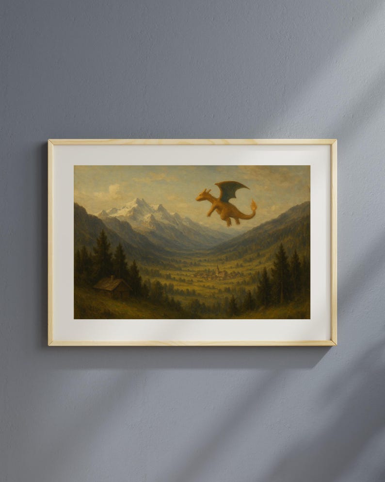Charizard in the Alps Art Print – Funny Romantic Landscape Parody ...