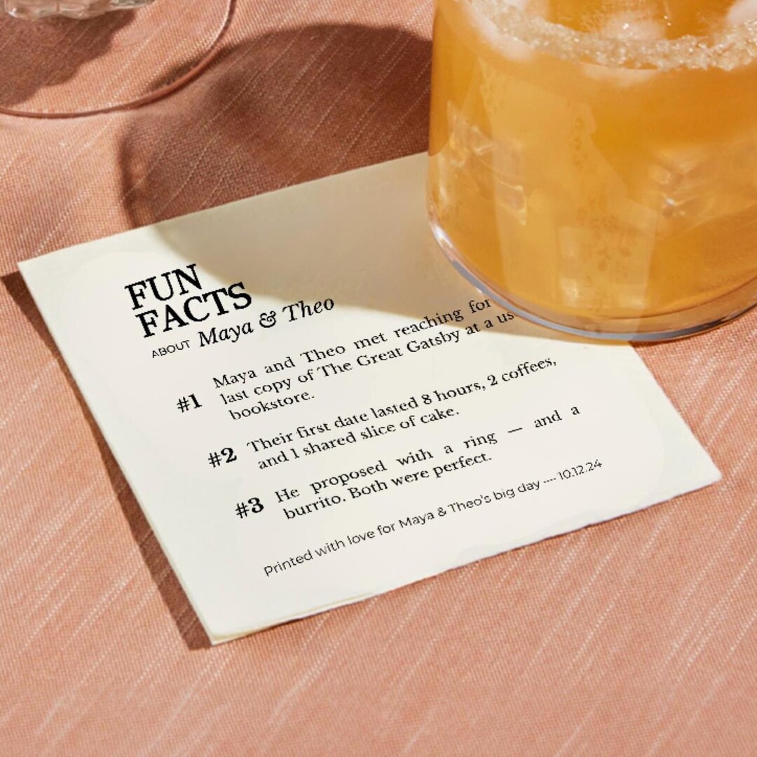 Fun Facts About the Couple Personalized Napkins Fun Custom Wedding ...