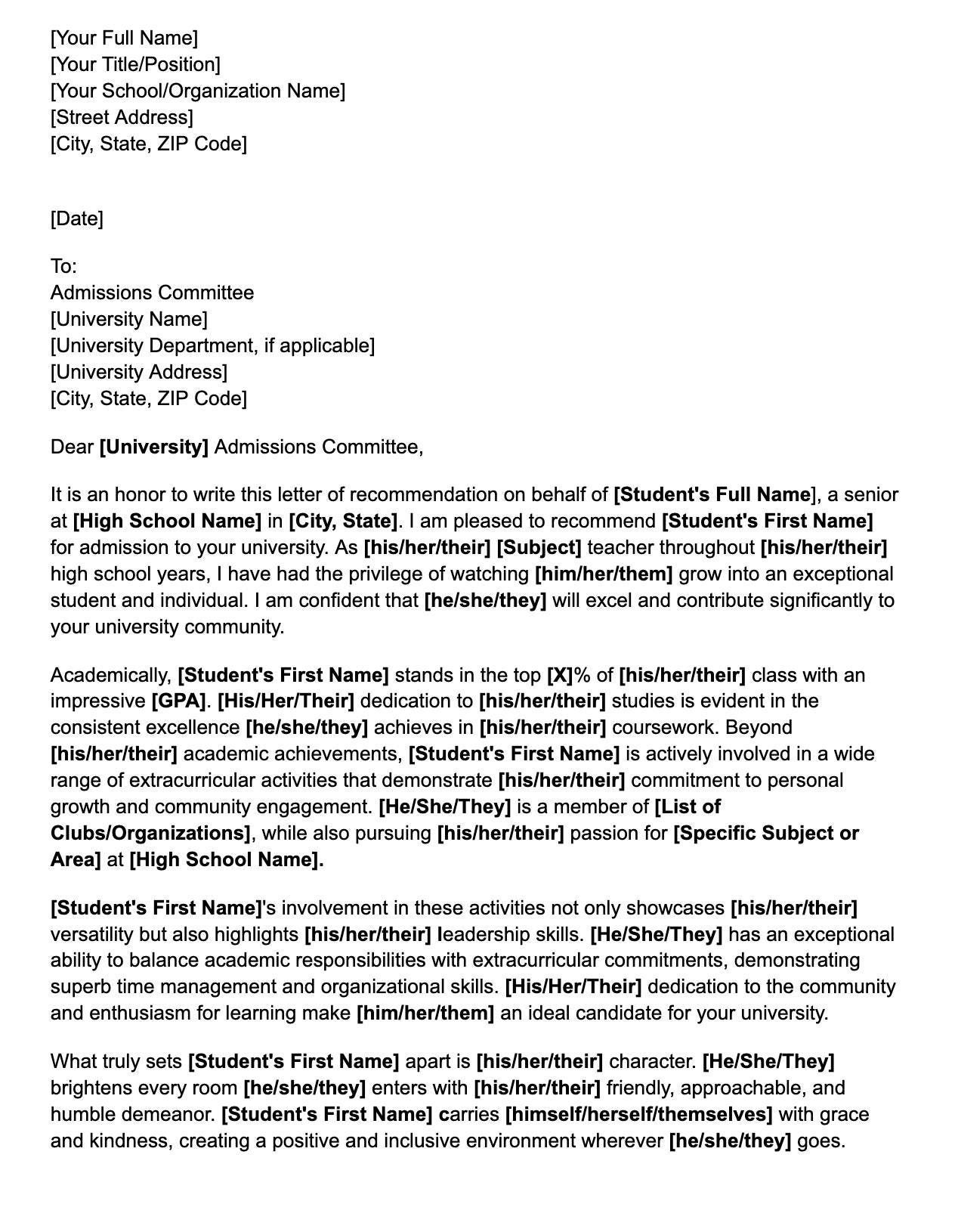 Professional College Entry Letter of Recommendation Template - Etsy