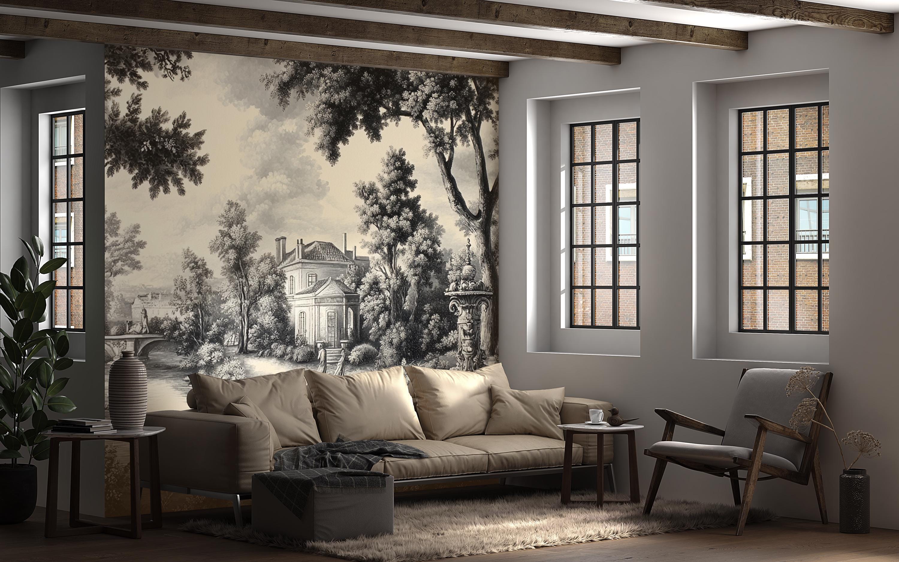 Vintage Parisian Landscape Wall Mural: Renaissance River Scene Peel and ...