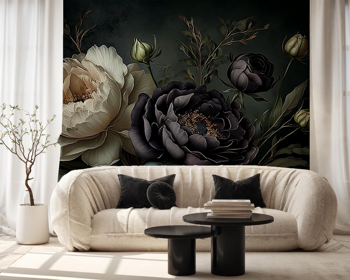 Dark Gothic Peony Floral Peel and Stick Wallpaper, Victorian Baroque ...