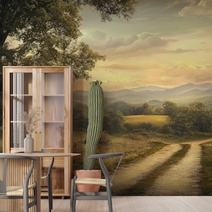 Western Sunset Landscape Wallpaper, Sunset Tree Rural Wall Mural ...