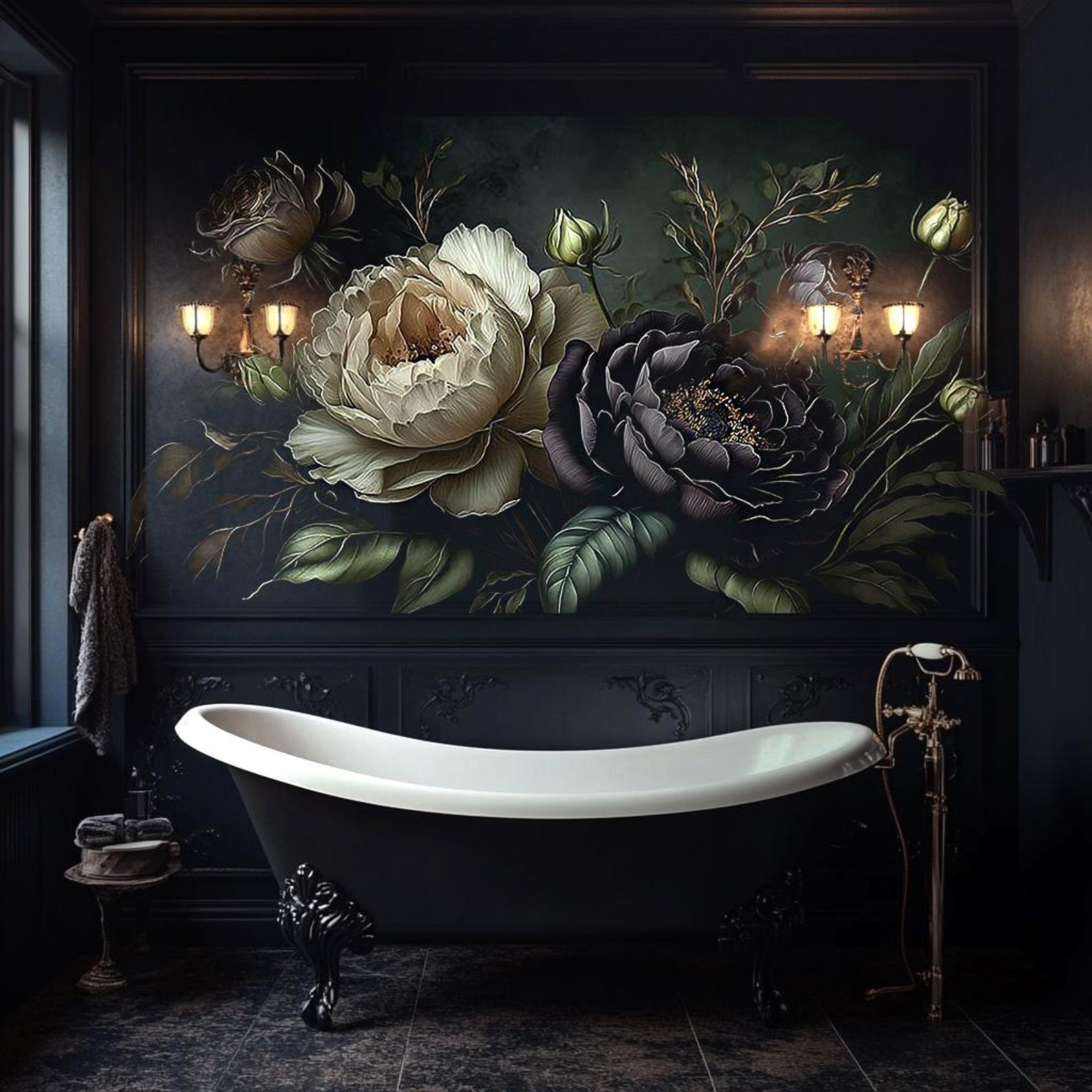 Dark Gothic Peony Floral Peel and Stick Wallpaper, Victorian Baroque ...