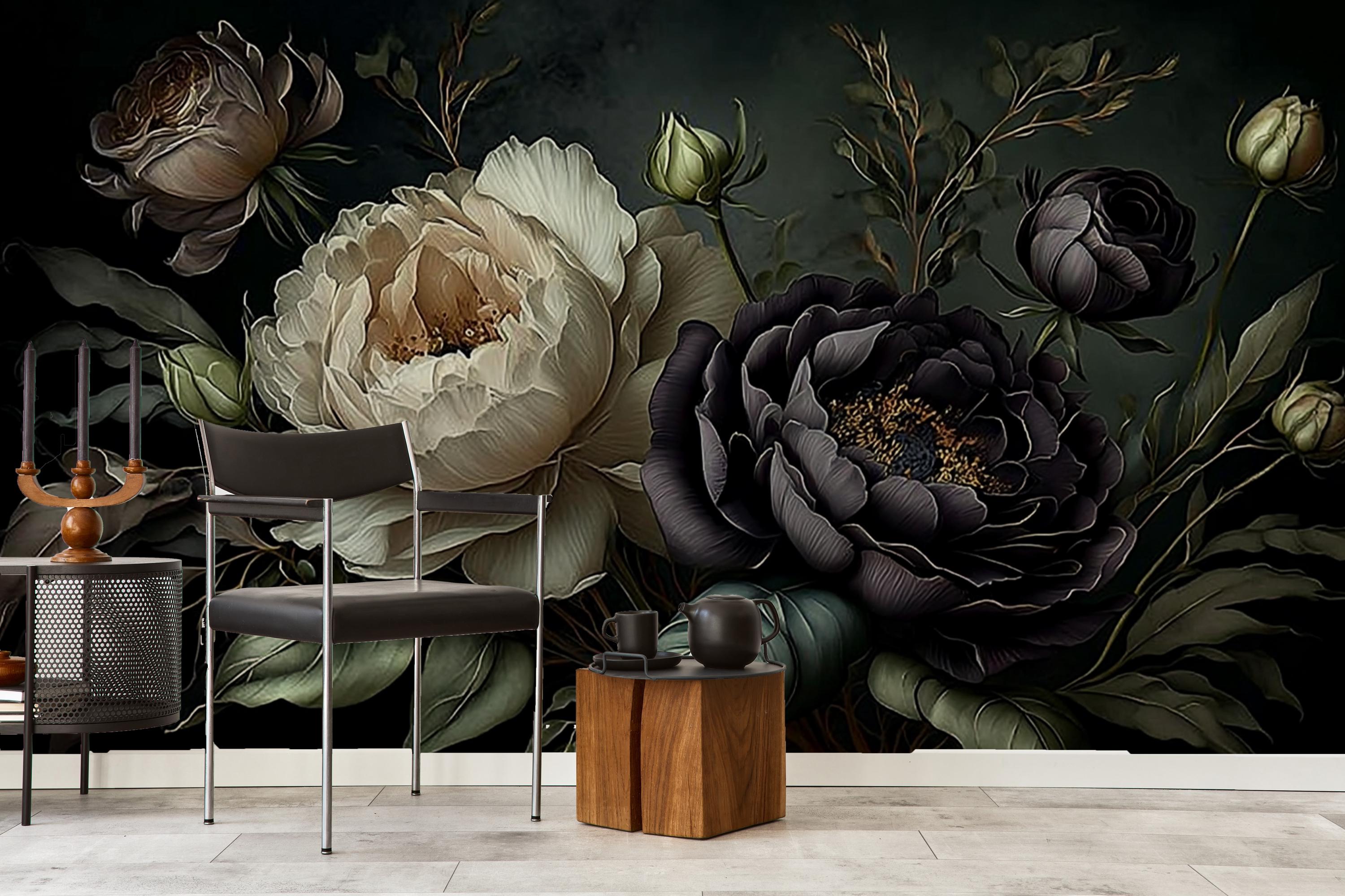 Dark Gothic Peony Floral Peel and Stick Wallpaper, Victorian Baroque ...