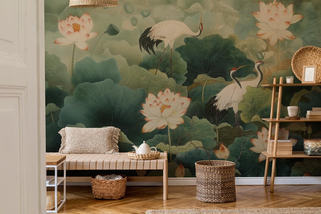 Green Crane Wall Murals, Vintage Asian Birds Wallpaper, Chinoiserie ...