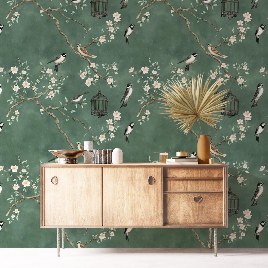 Vintage Mold Green Chinoiserie Wallpaper, Japanese Bird Wallpaper Mural ...