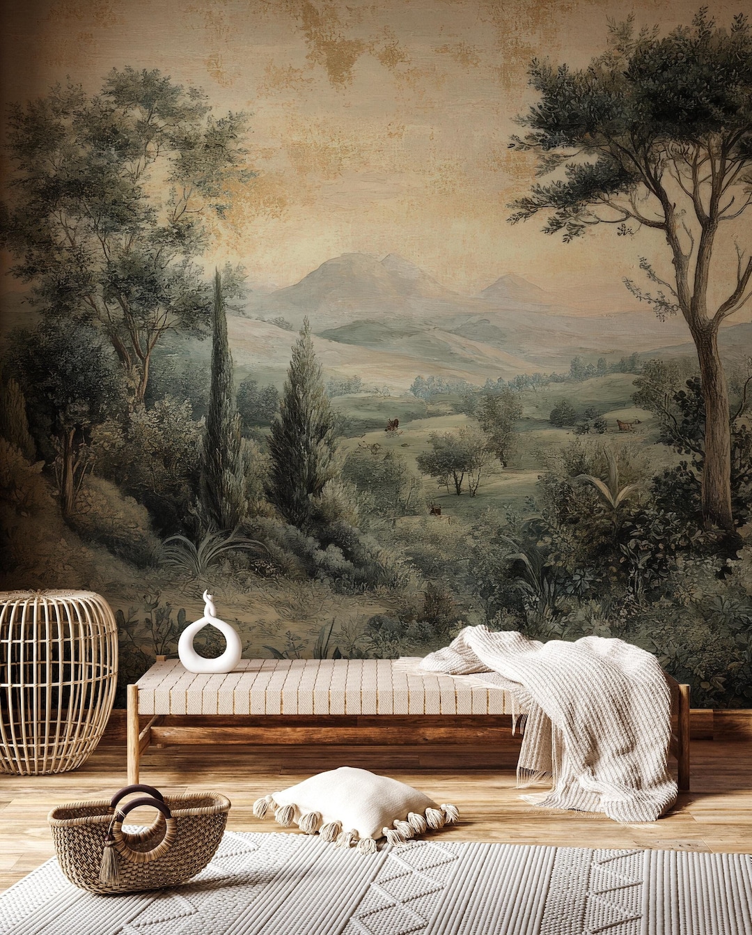 Vintage Scenic Landscape Wallpaper: Rural Tree Mountain Wall Mural - Etsy