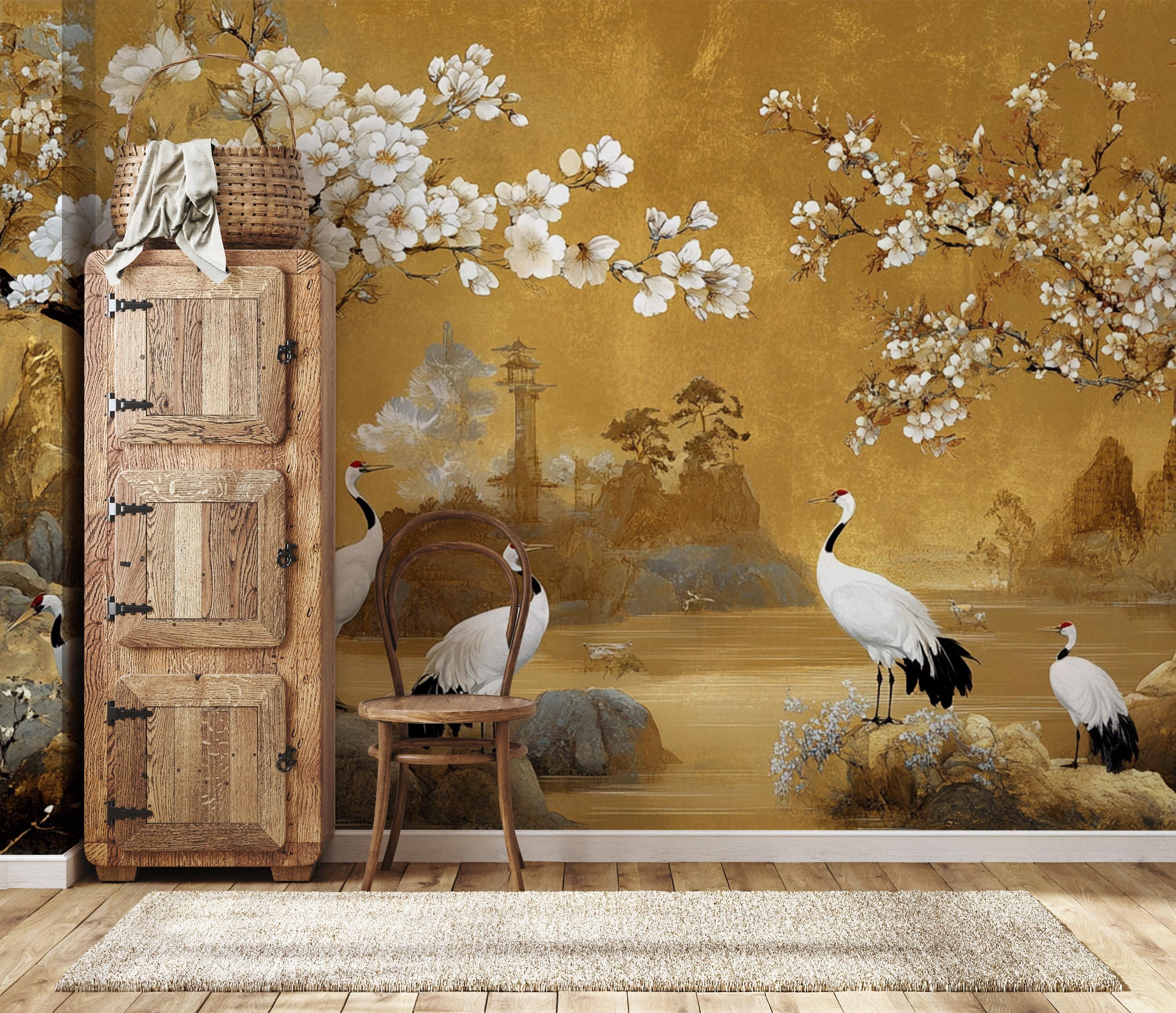 Asian Crane & Cherry Blossom Wallpaper: Saffron Landscape, Removable ...