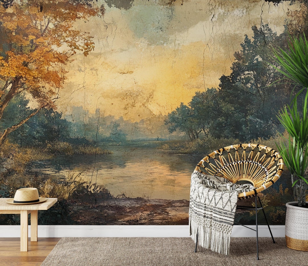 Moody Autumn Landscape Wallpaper: Vintage Oil Painting Wall Mural - Etsy