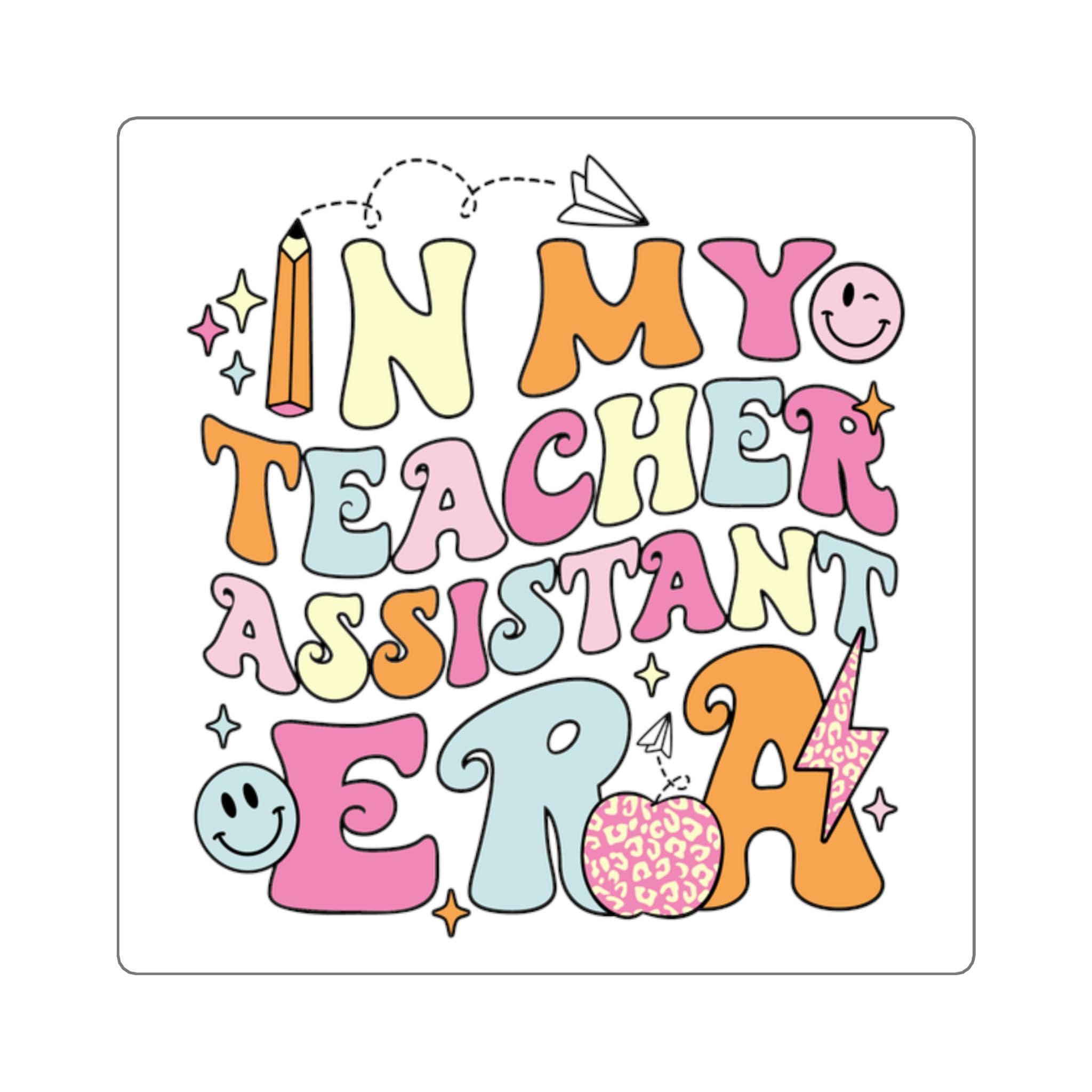 Retro Smiley Face Lightning Bolt Square Stickers, Teacher Assistant Era ...