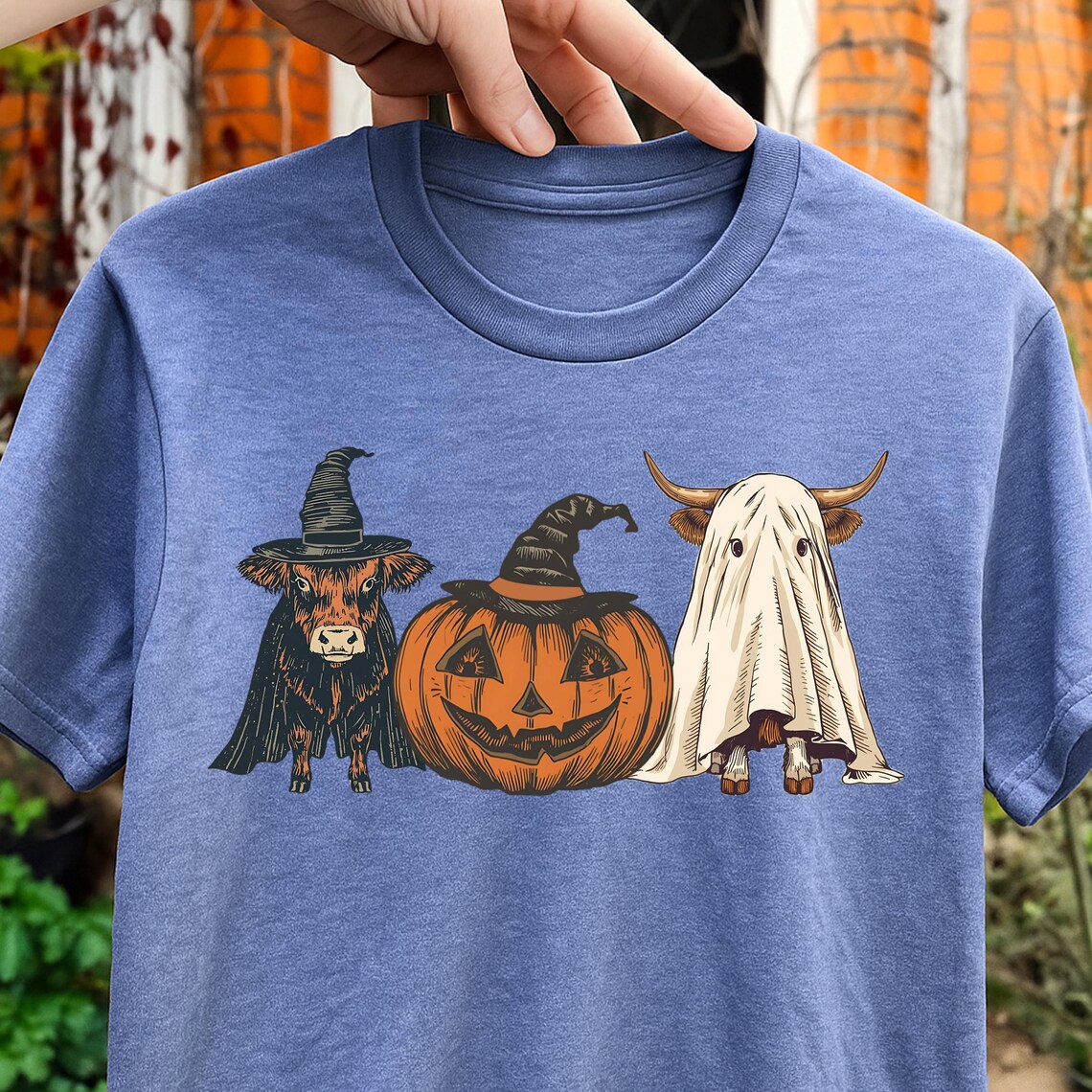 Boo Ghost Highland Cow, Retro Halloween Pumpkin Cow PNG, Spooky Fall ...