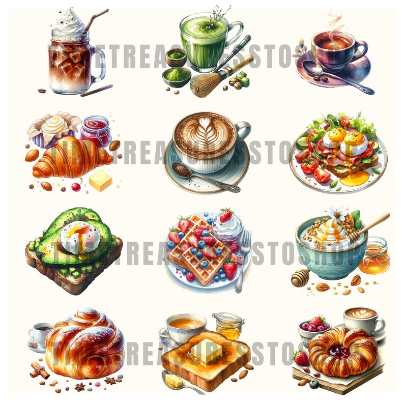 Watercolor Breakfast Clipart Bundle, +100 Transparent PNG, Watercolor ...