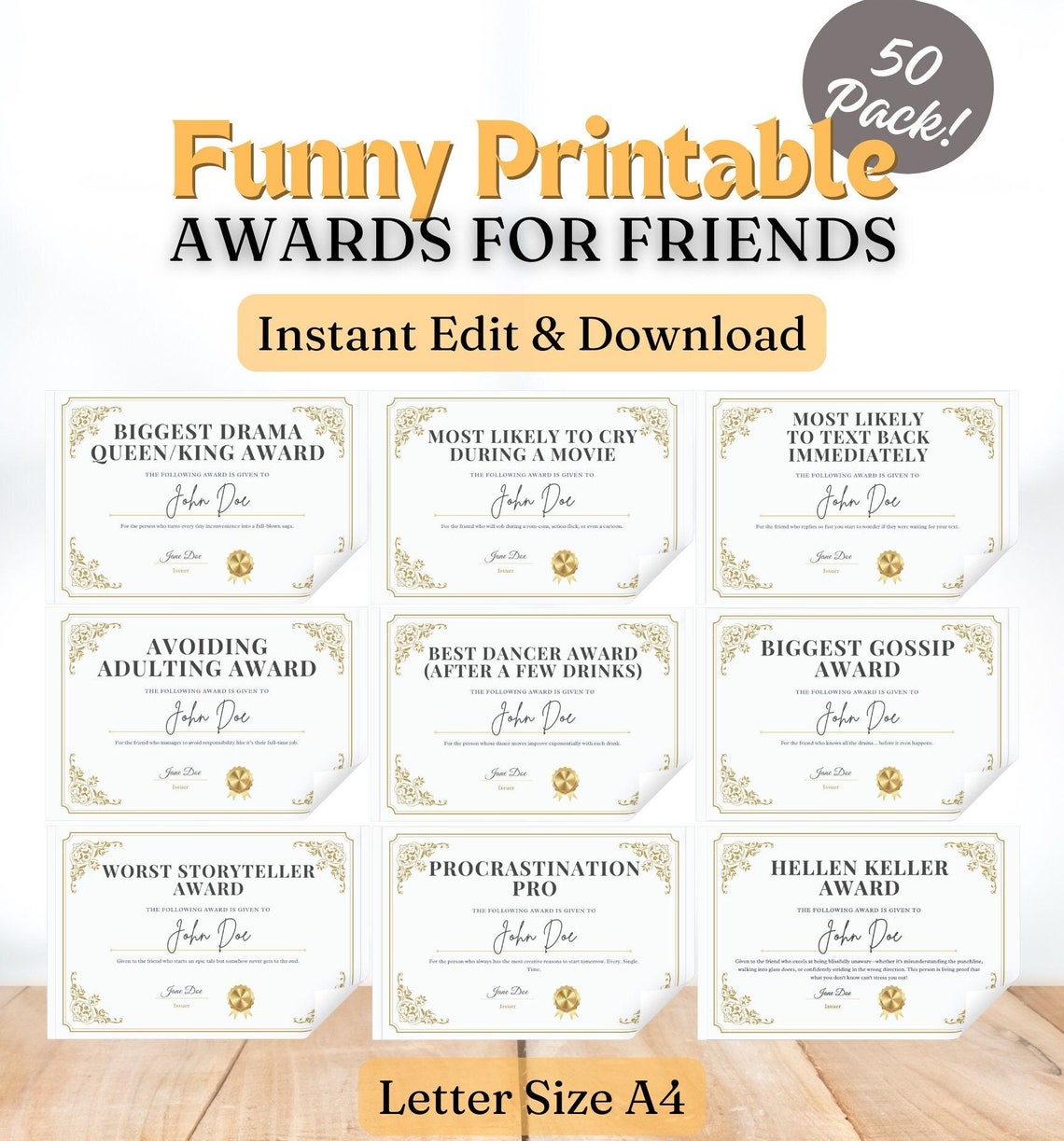 50 Funny Printable Awards for Friends | Funny Work Awards | Hilarious ...