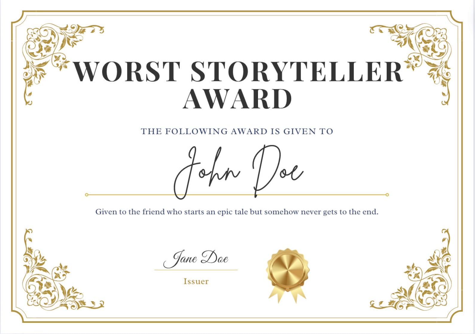 50 Funny Printable Awards for Friends | Funny Work Awards | Hilarious ...