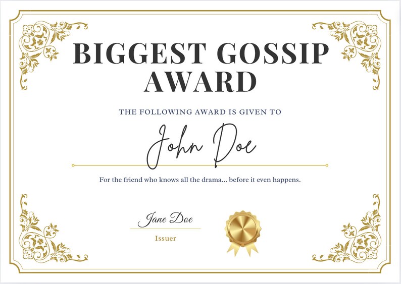 50 Funny Printable Awards for Friends | Funny Work Awards | Hilarious ...