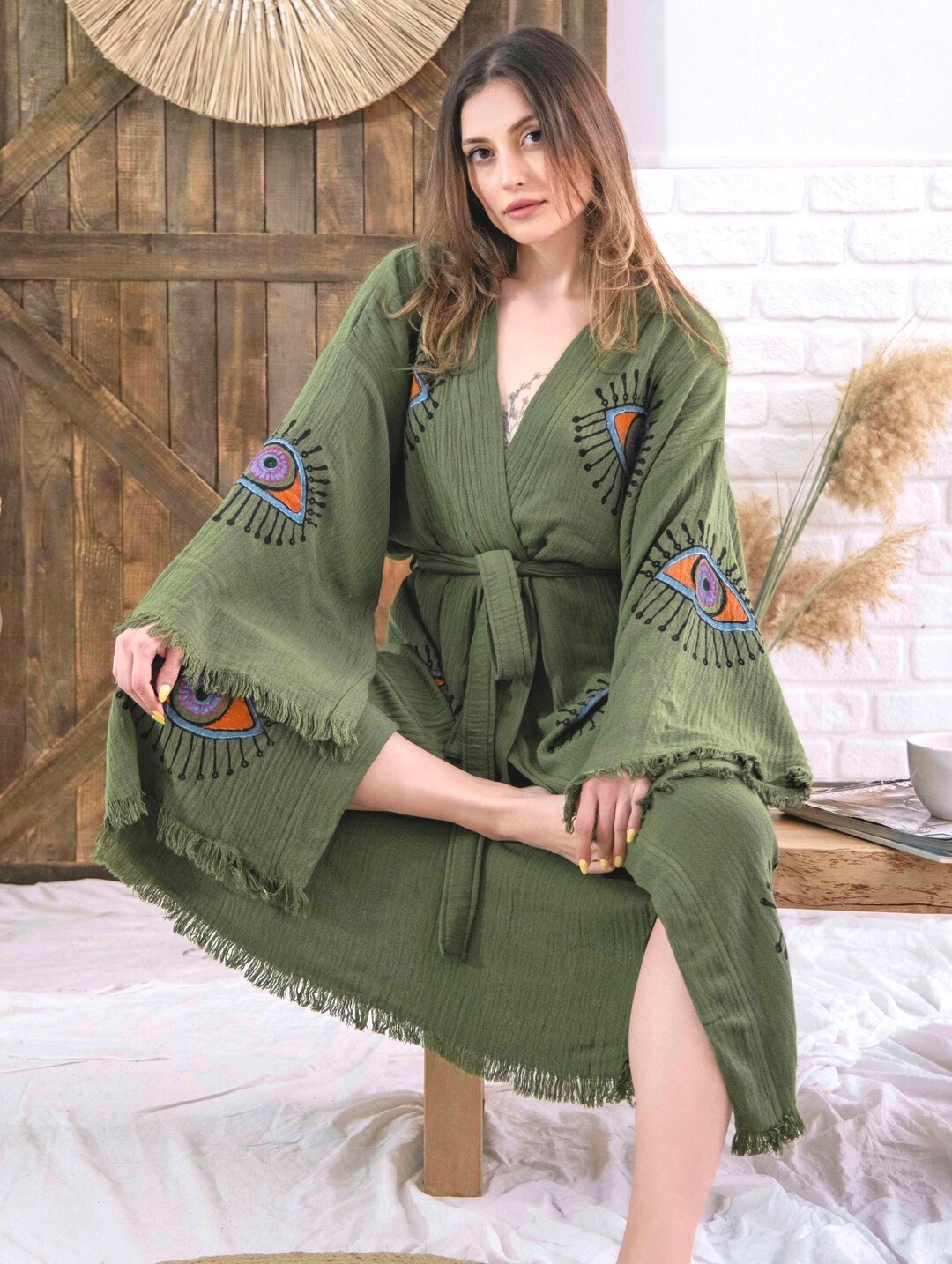 Handmade Turkish Cotton Muslin Robe: Printed Evil Eye Kimono - Etsy UK