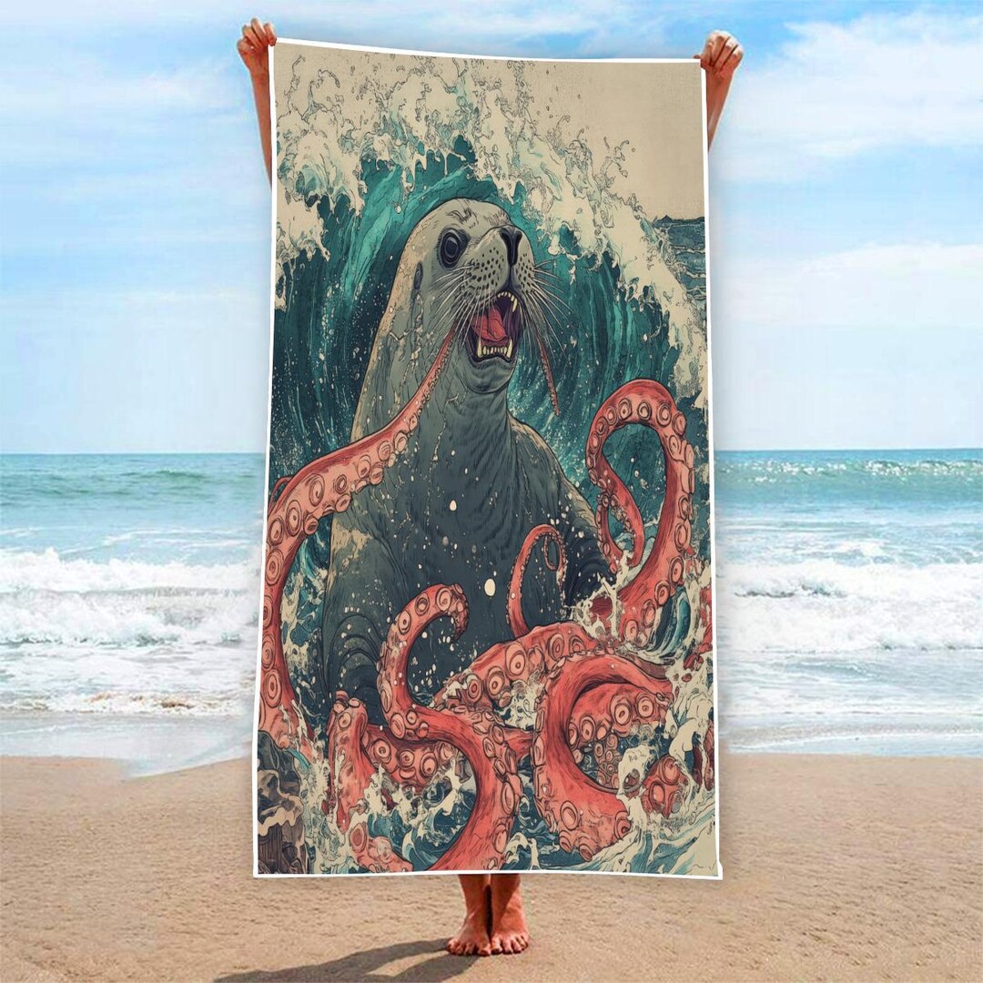 Seal Kraken Ocean Wave Yokai Edo Japan Anime Battle Rectangular Beach ...