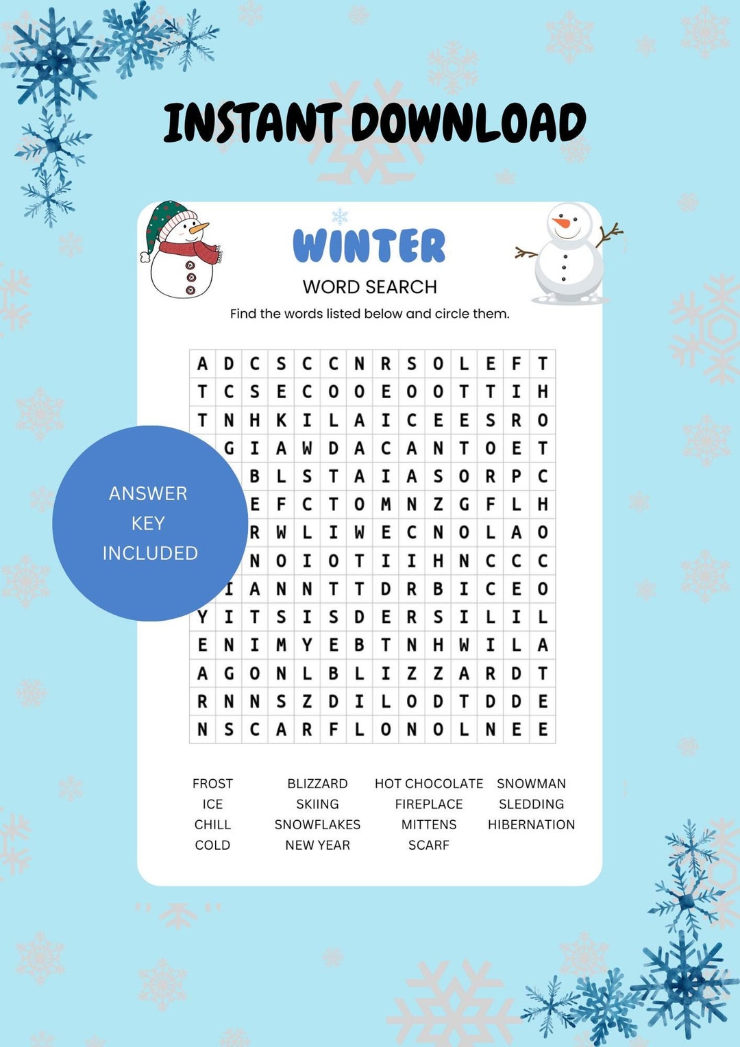 Winter Word Search. Printable Winter Season Word Scramble, Winter ...