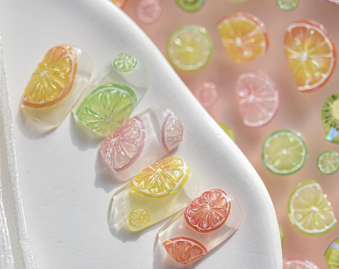 3D Juicy Embossed Iridescent Lemon Lime Orange Kiwi Grape Fruit Nail ...