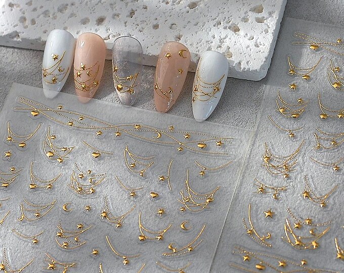 Gold Foil Arch French Star Moon Tassel Nail Decals | Shiny Celestial ...