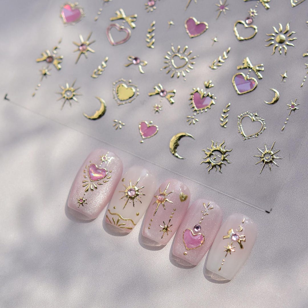 Gold 3D Heart Moon Nail Stickers: Embossed Spiritual Nail Art - Etsy