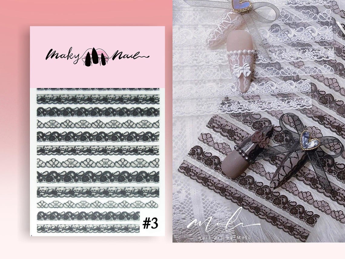 Wedding Bride Lace Nail Sticker Black White Ultra Thin Laces Peel off ...