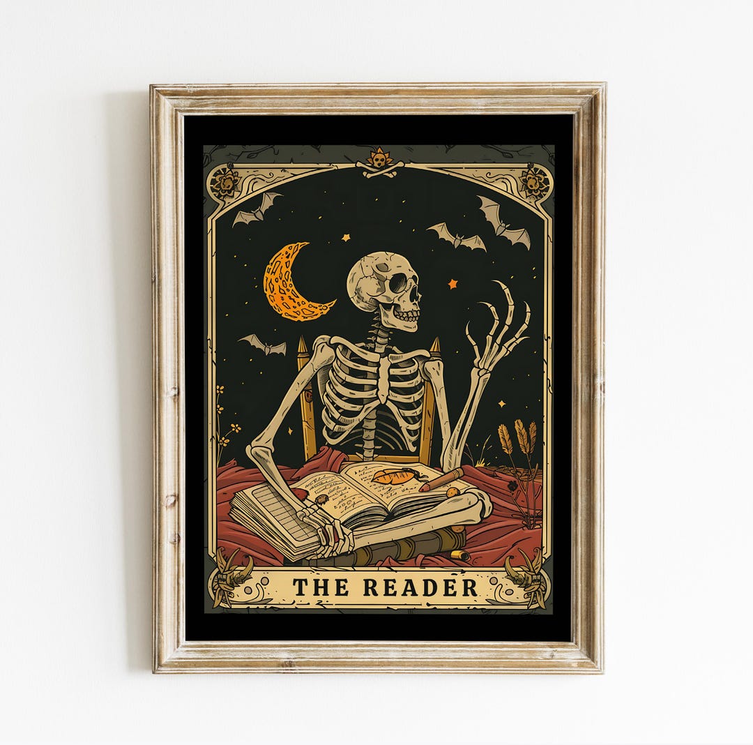 The Reader Tarot Art Print, Skeleton Reader Tarot Card Wall Art, Book ...