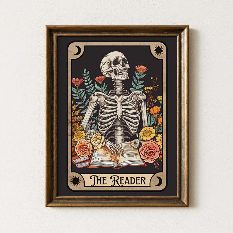 The Reader Tarot Art Print,skeleton Reader Tarot Card Wall Art, Book ...