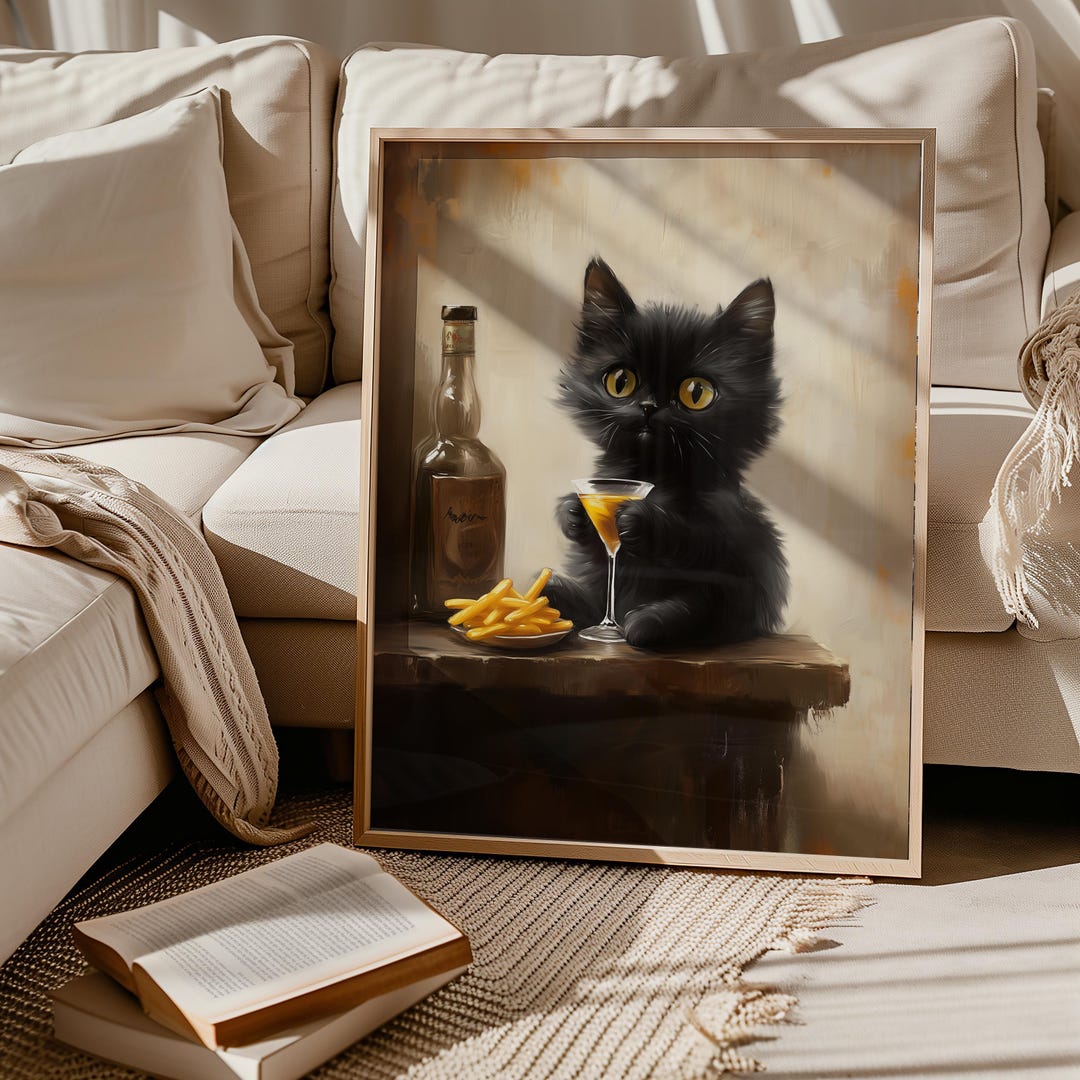 Black Cat With Martini Art Print, Alcohol Decor, Cat Oil Painting ...