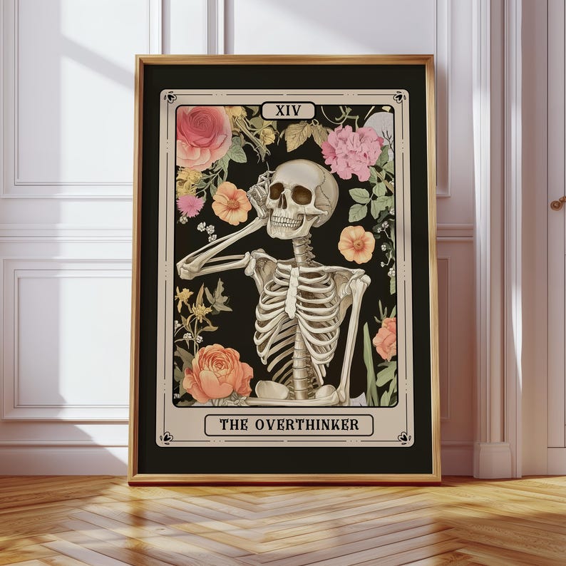 Overthinker Tarot Card Print, Skeleton Wall Art, Dark Academia Mental ...