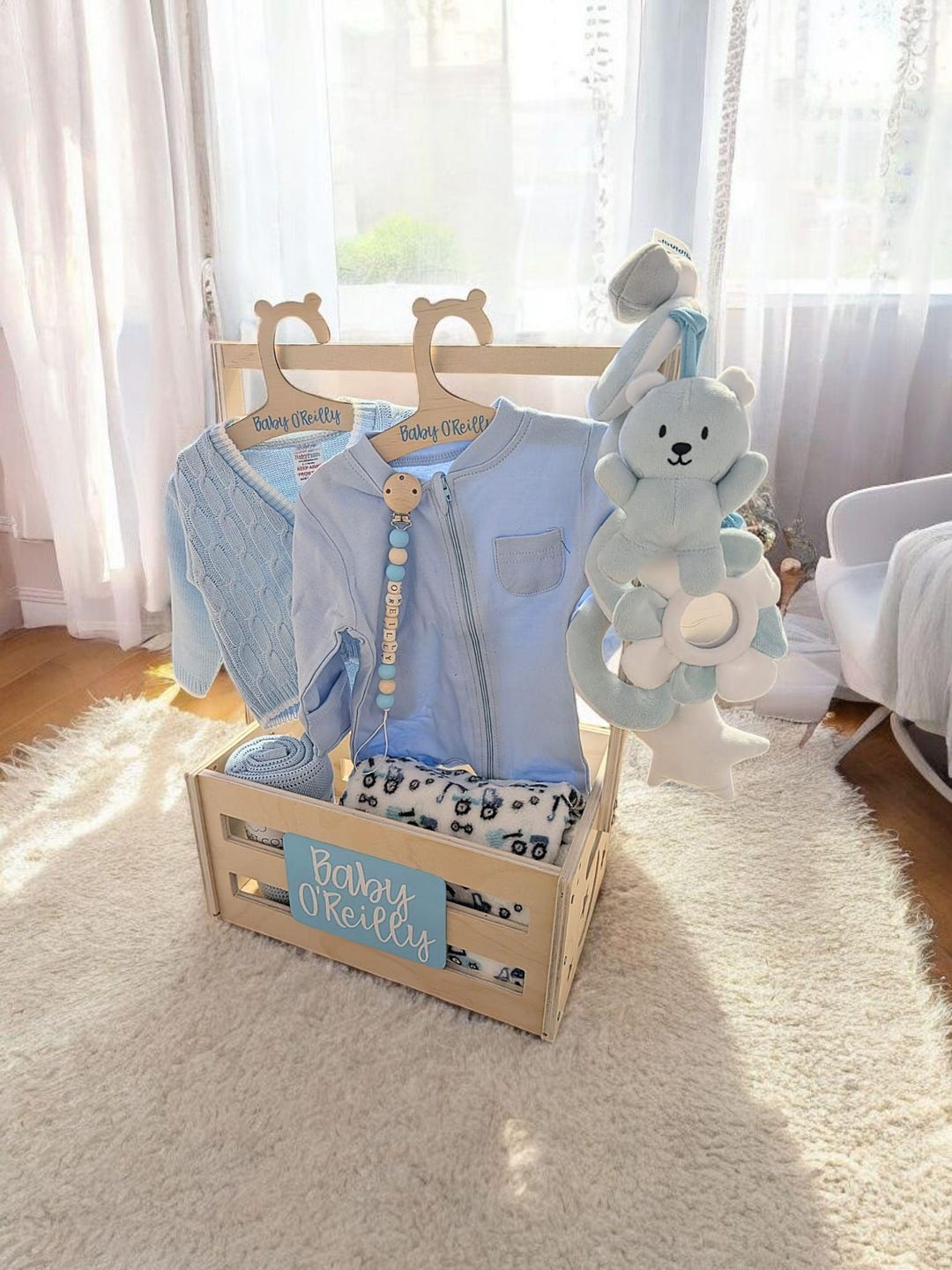 Personalized Baby Shower Crate Gift: 5 Name Hangers, Storage Hamper - Etsy