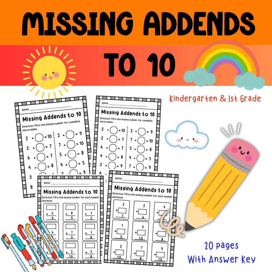 Missing Addends to 10 Worksheets With Answer Key | Kindergarten & 1st ...
