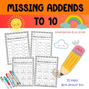 Missing Addends to 10 Worksheets With Answer Key | Kindergarten & 1st ...